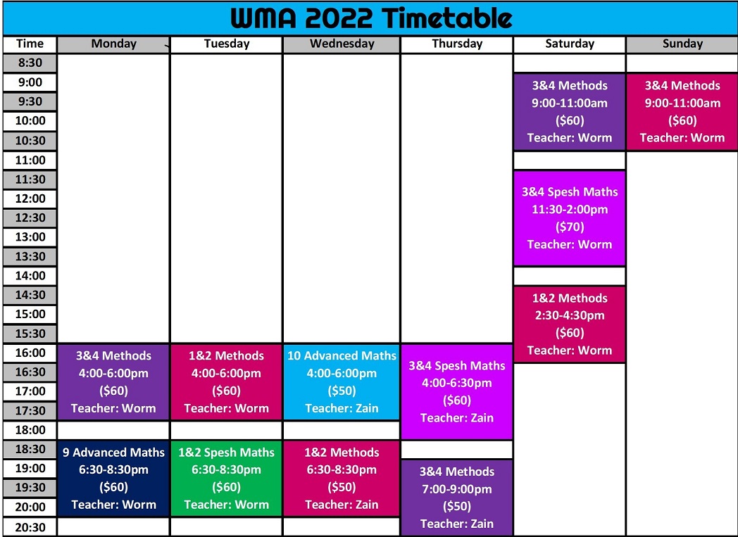 2022 timetable 2 – Worm's Maths Academy
